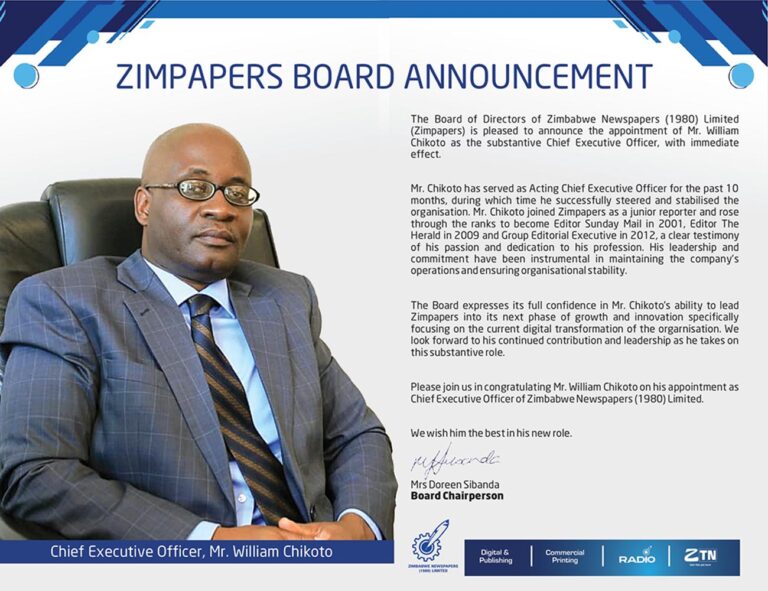 Zimbabwe Newspapers Board announces appointment of Chief Executive ...