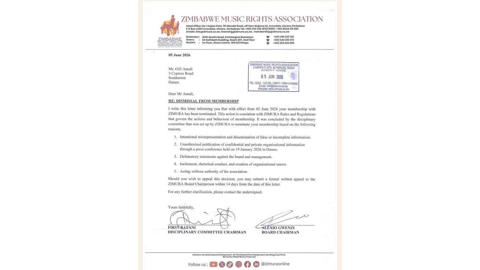 Zimura terminates Gift Amuli membership – herald